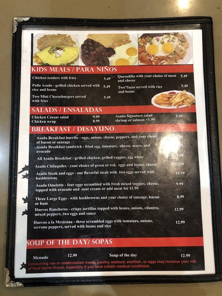 Menu at Asada Mexican Restaurant, North Las Vegas