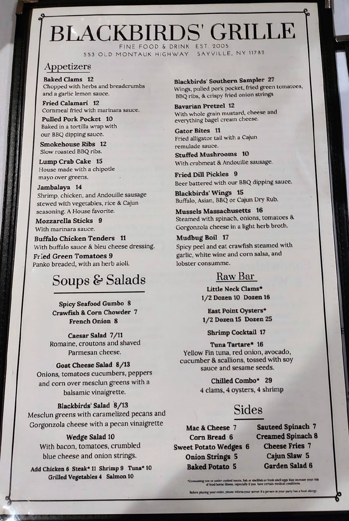 Menu at Blackbirds' Grille pub & bar, Sayville