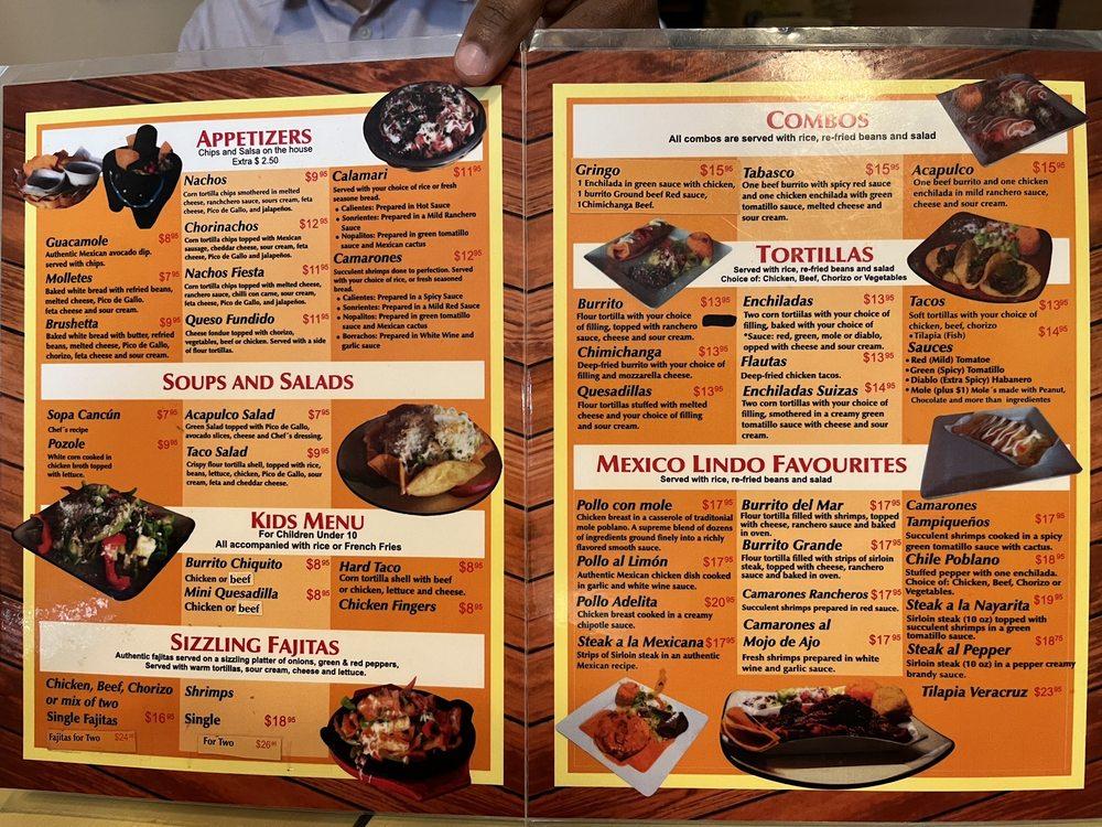 Menu at México Lindo restaurant, Toronto, 971 O'Connor Dr