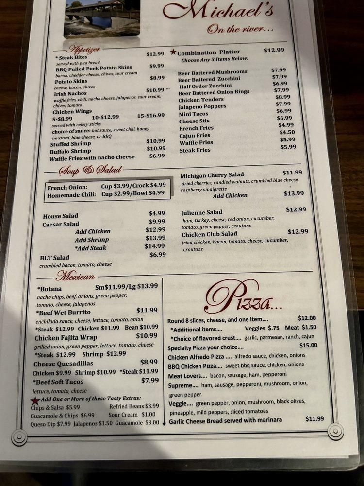 Menu at Michael's On The River restaurant, Flat Rock