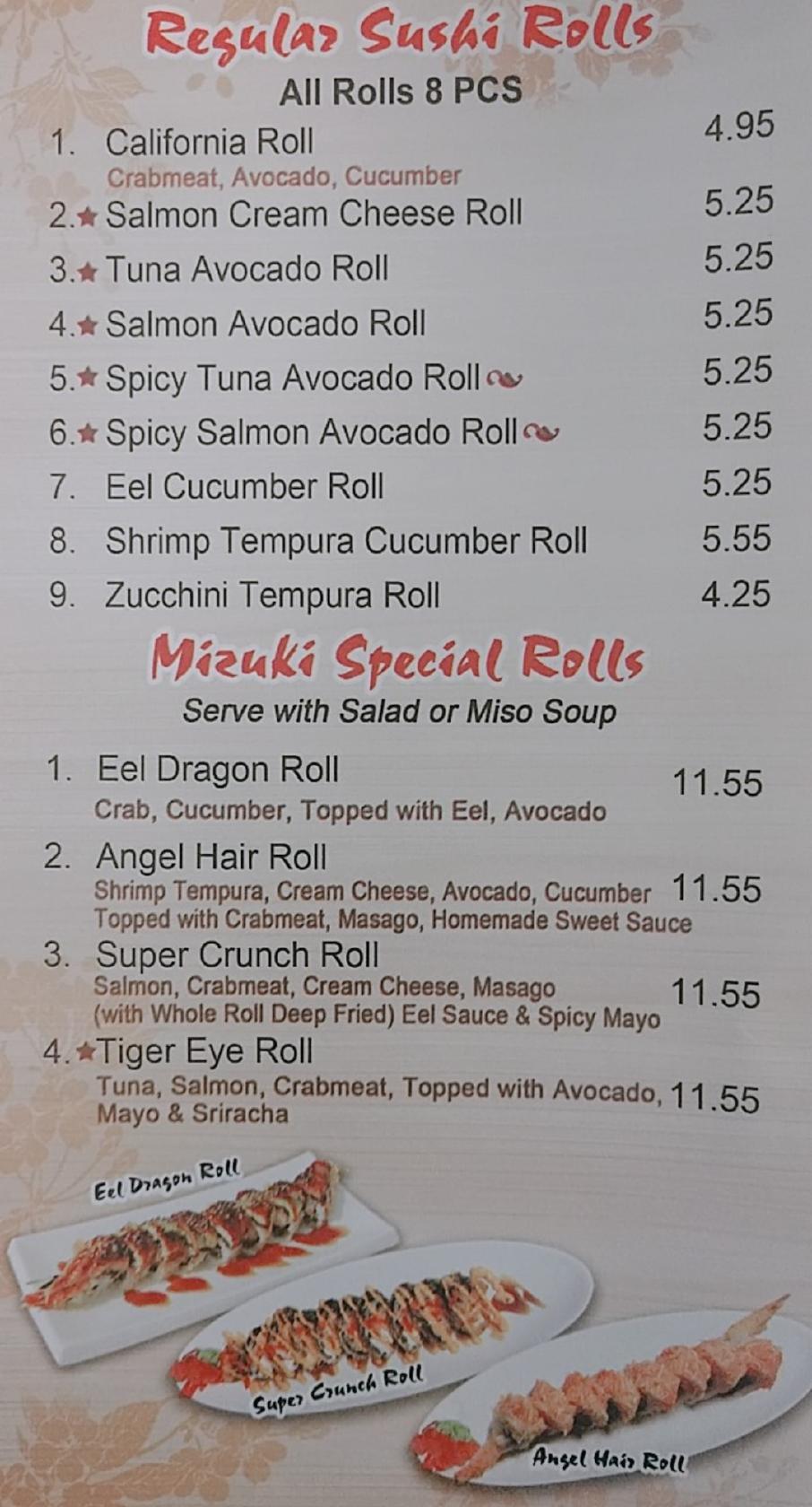 Menu at Mizuki Japan restaurant, Wilmington