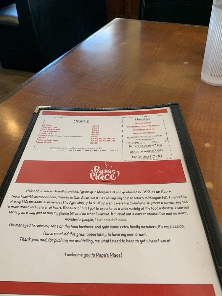 Menu at PAPA'S PLACE restaurant, Morgan Hill