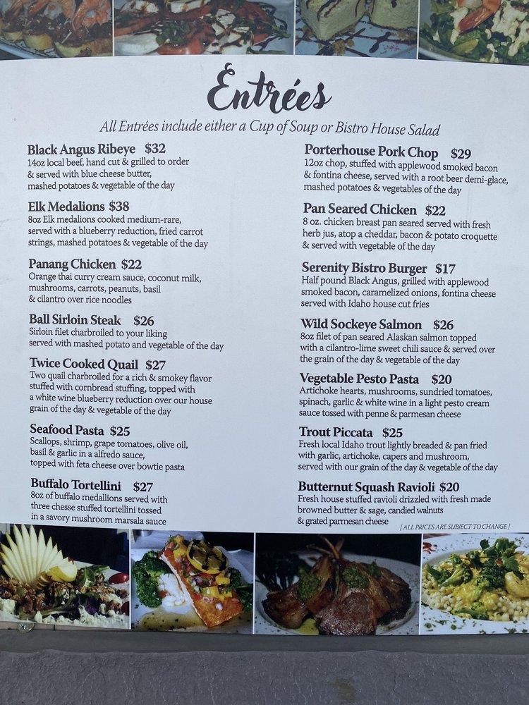 Menu at Serenity Bistro restaurant, West Yellowstone
