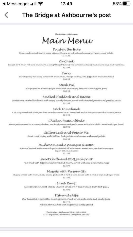 Menu at Bridge pub & bar, Ashbourne