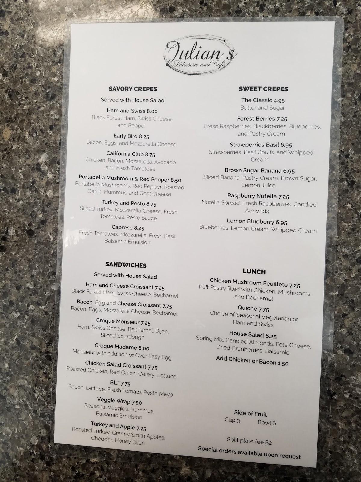 Menu at Julian's Patisserie and Cafe, Folsom