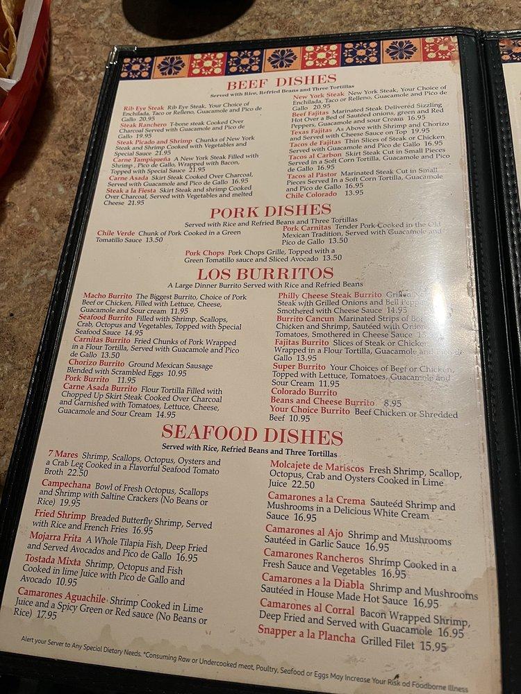 Menu at Los Corrales restaurant, Pinetop-Lakeside