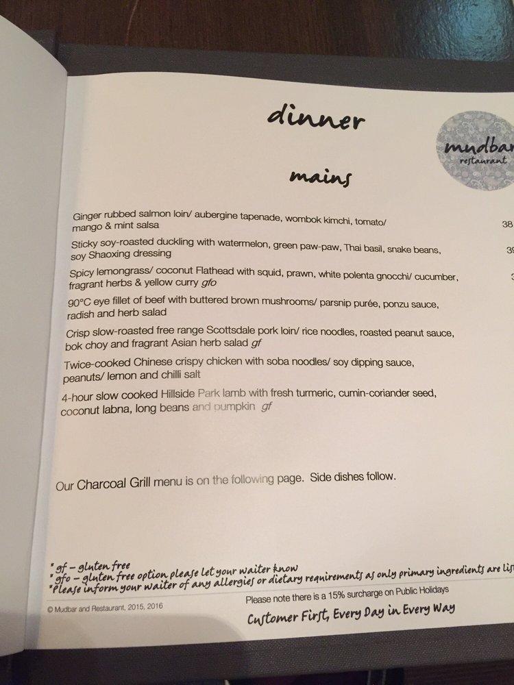 Menu at Mudbar Restaurant, Launceston