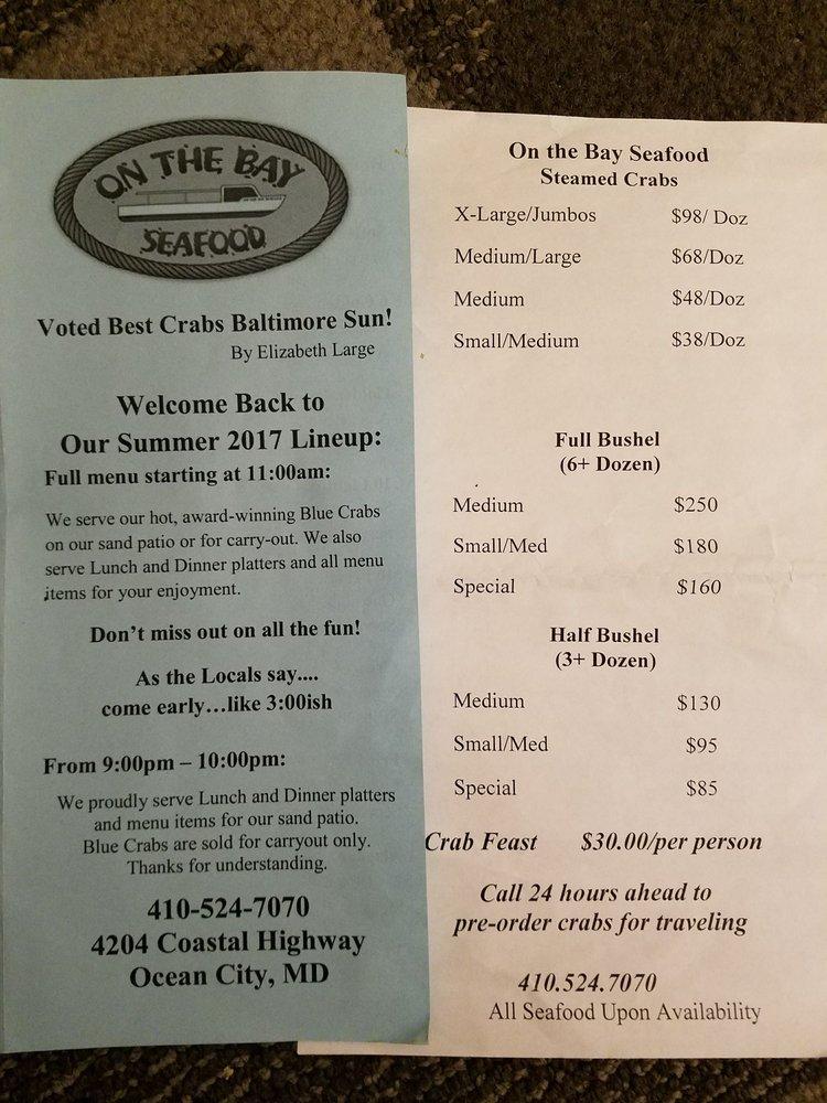 Menu at On the Bay Seafood restaurant, Ocean City