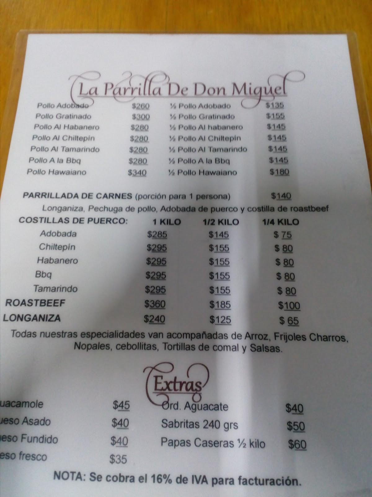 Carta del restaurante Pollos don Pedro, San Martín Texmelucan del Labastida