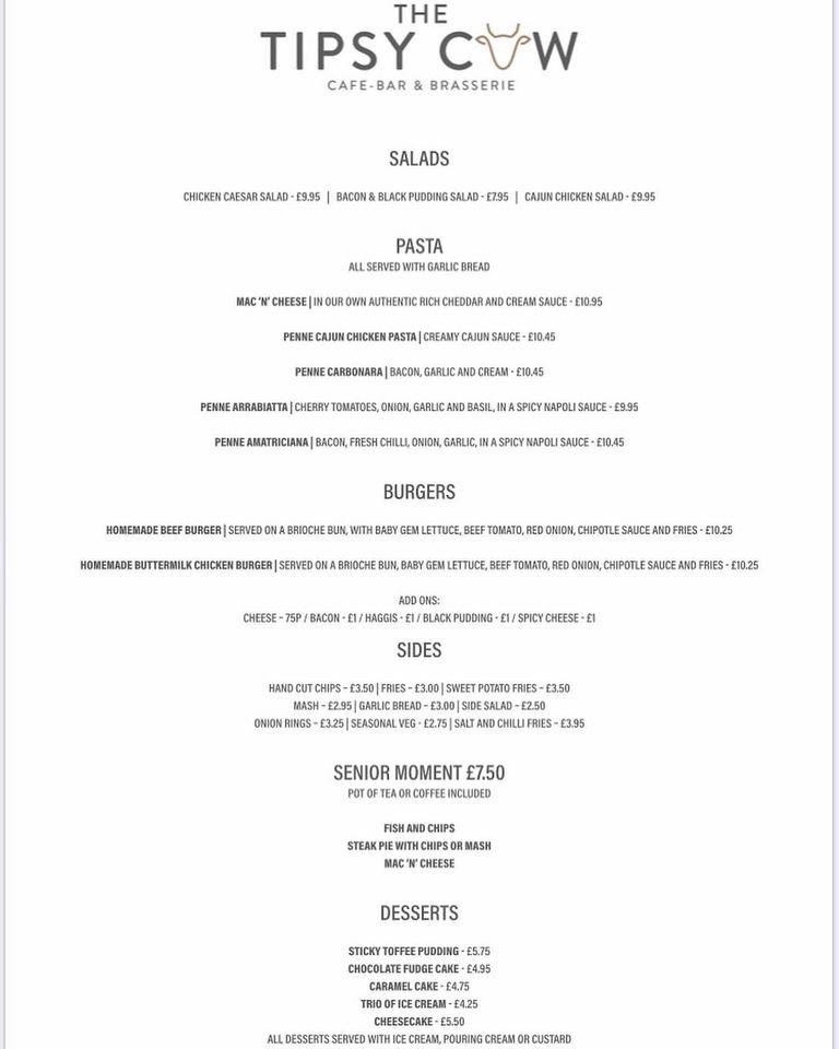 Menu at The Tipsy Cow pub & bar, Airdrie