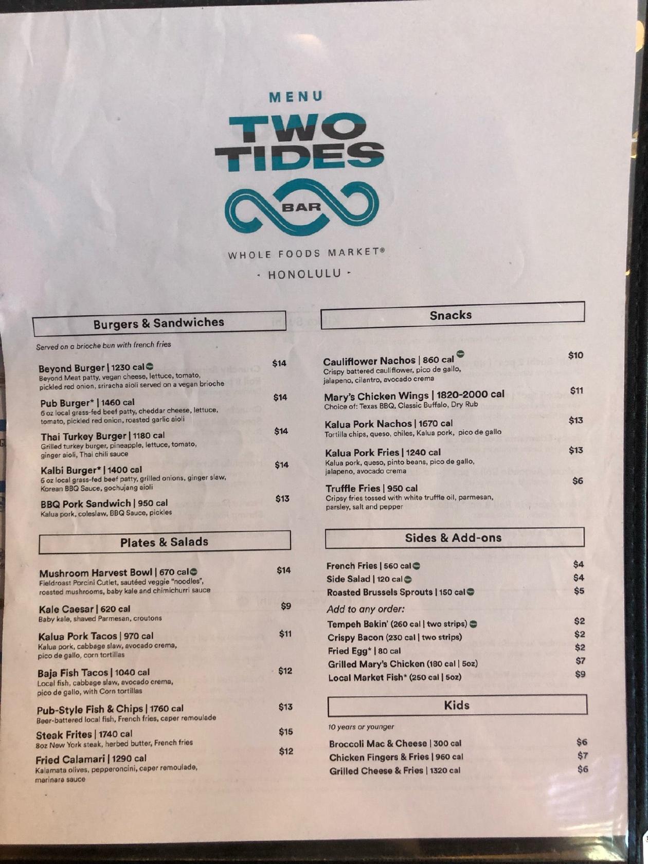 Menu at Two Tides Bar, Honolulu