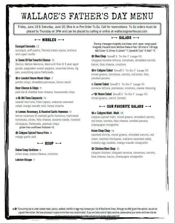 Menu at Wallace's at the Greenhouse restaurant, Homosassa