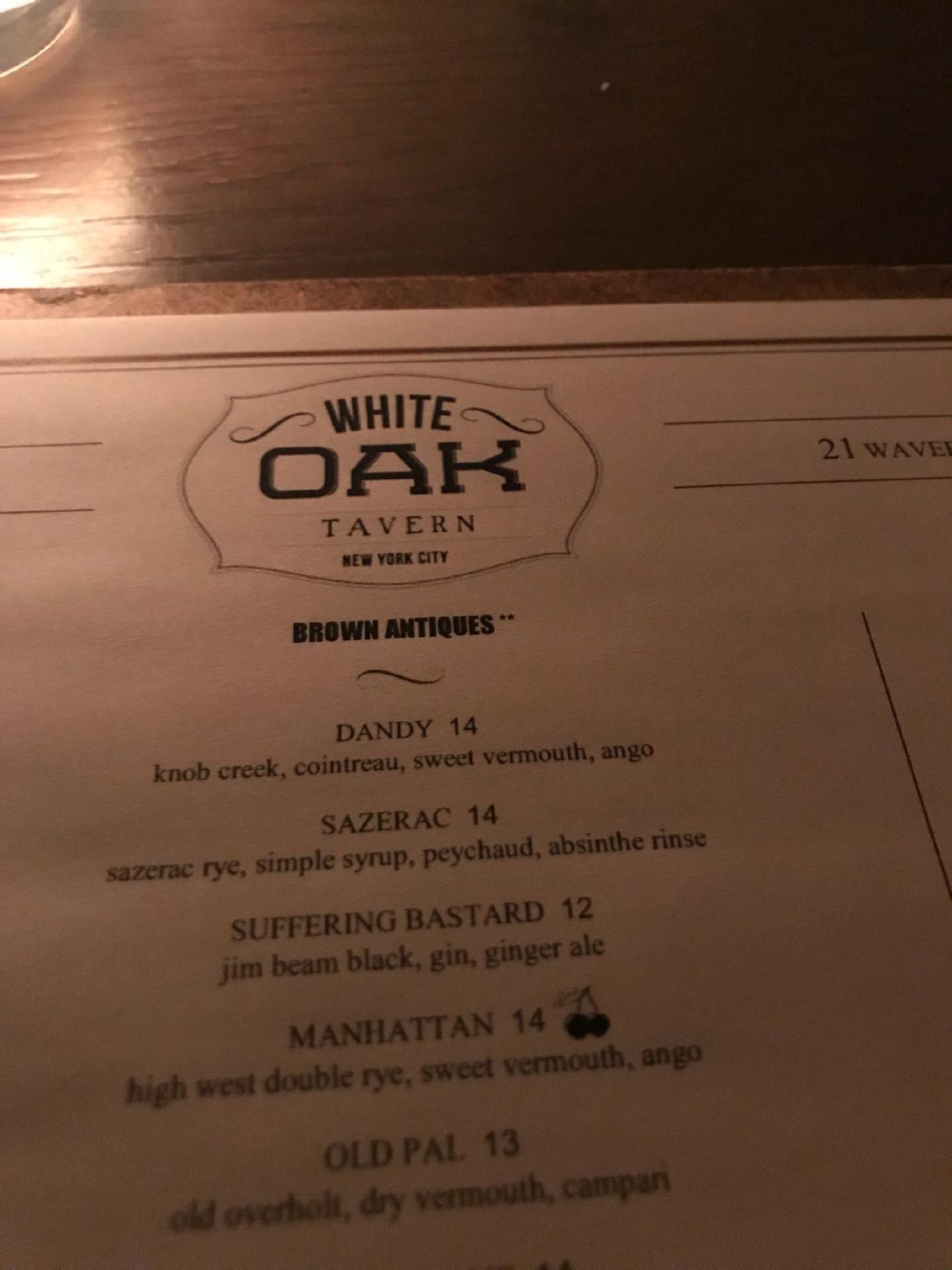 Menu at White Oak Tavern pub & bar, New York City