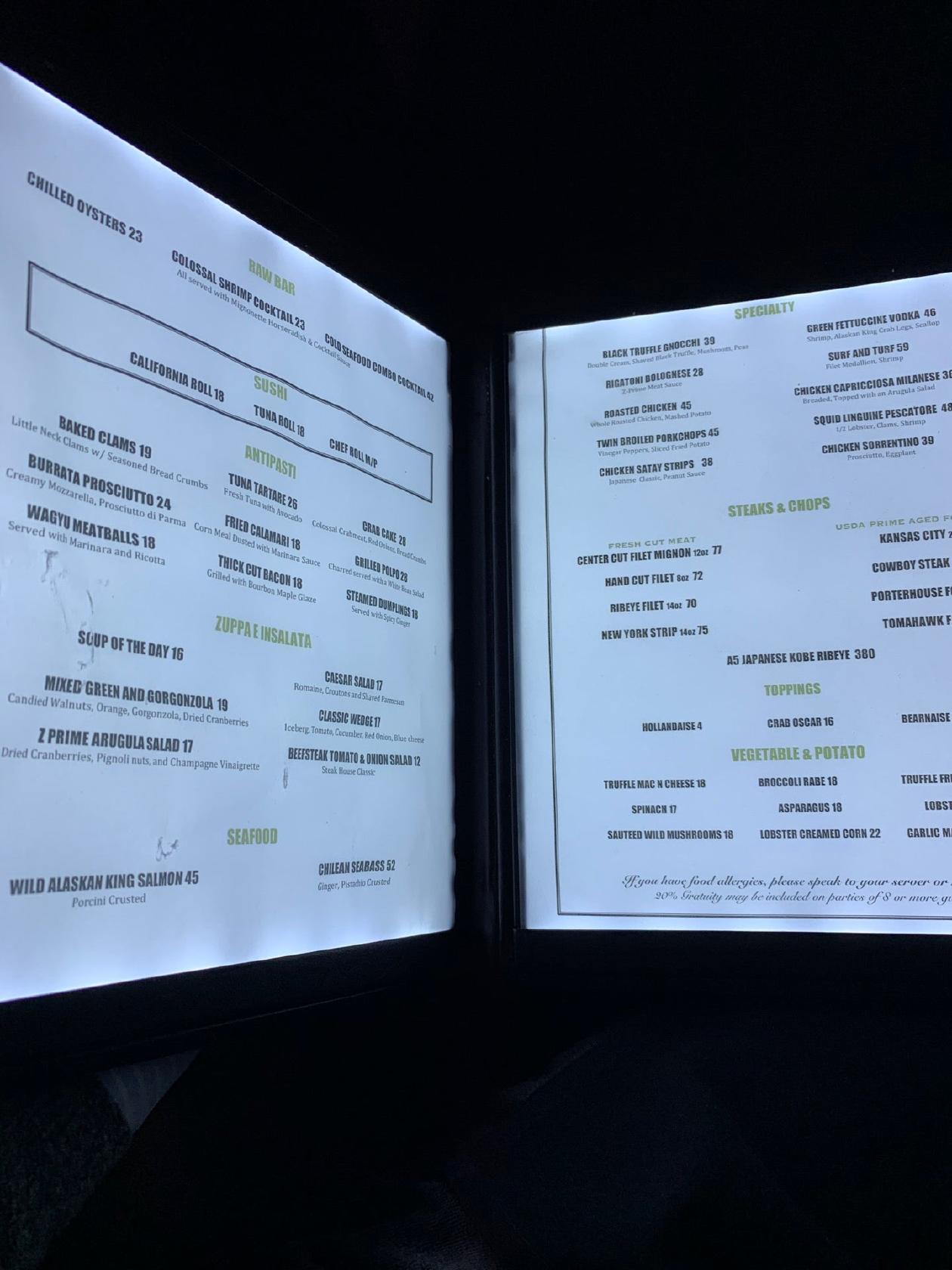 Menu at Z Prime Italian Steakhouse, White Plains