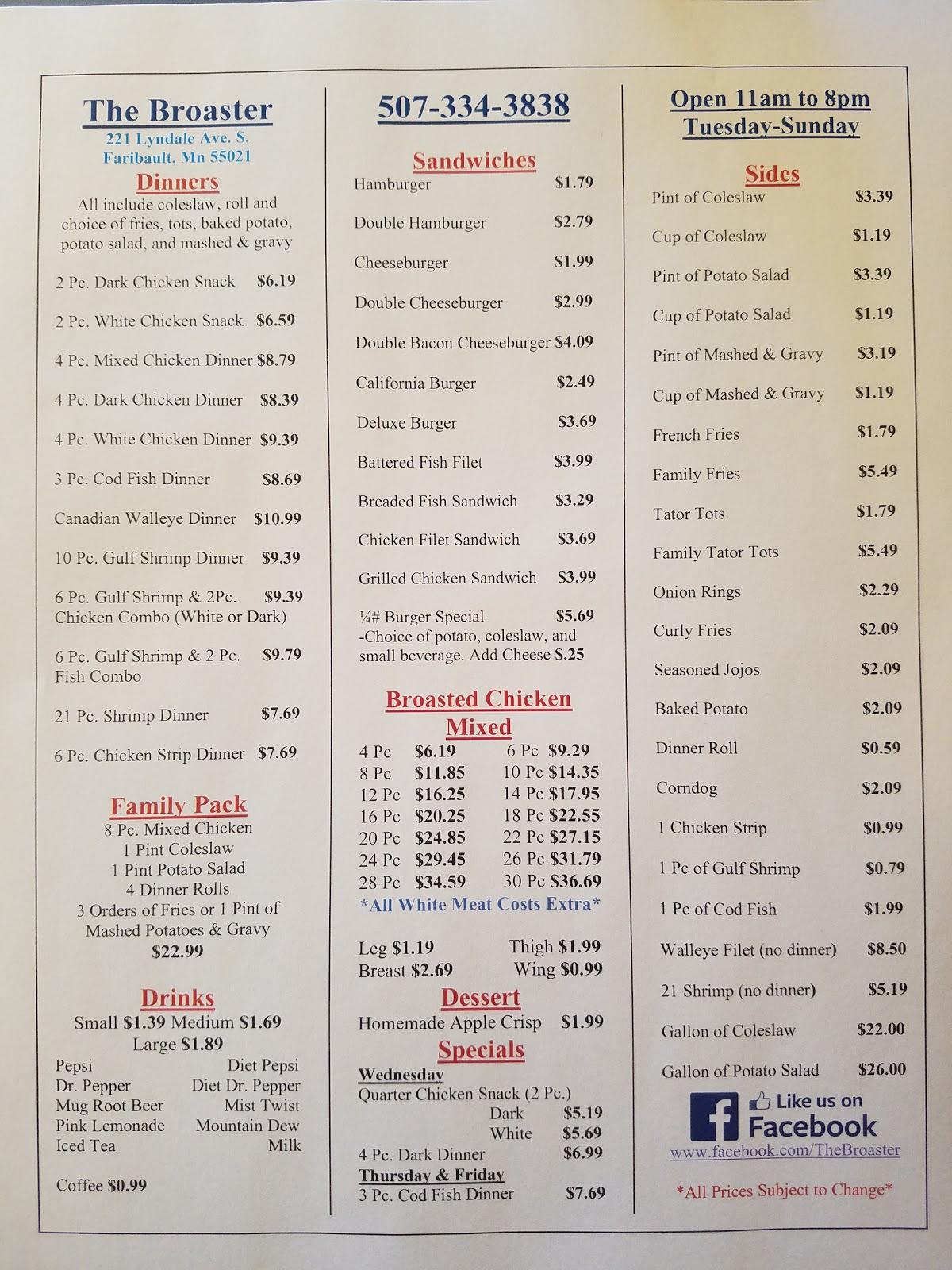 Menu at The Broaster restaurant, Faribault
