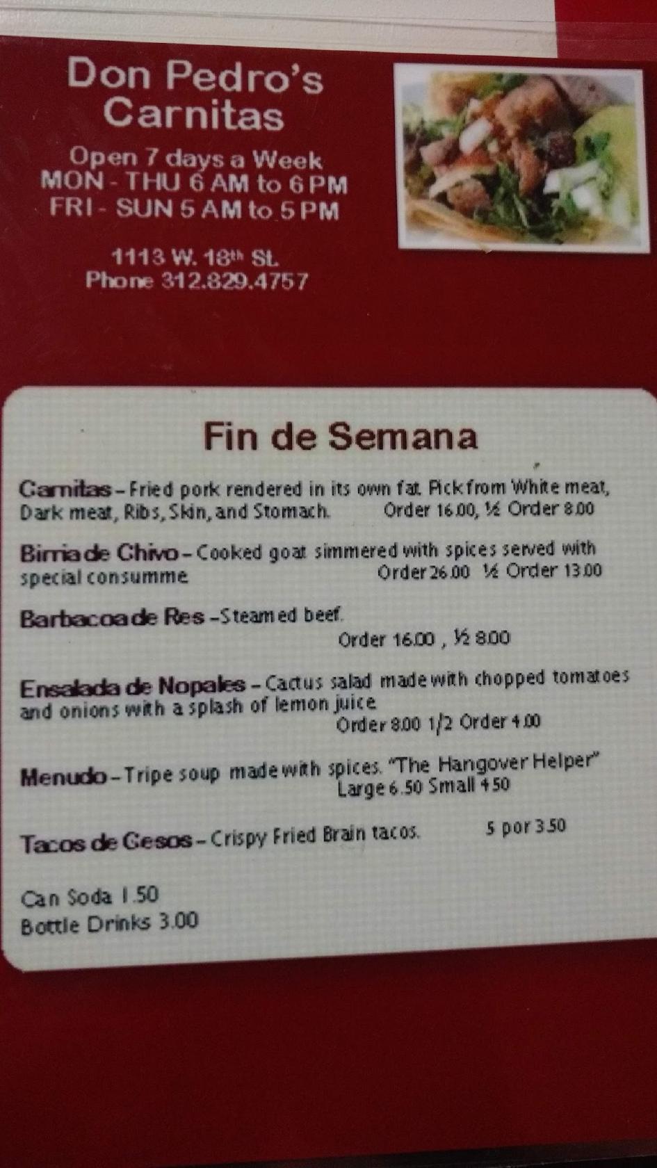 Menu at Carnitas Don Pedro restaurant, Chicago