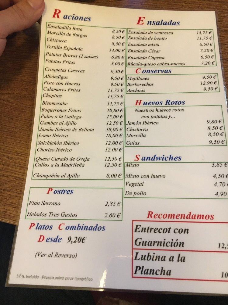Menu at Cervecería Serrano pub & bar, Madrid, C. de Serrano