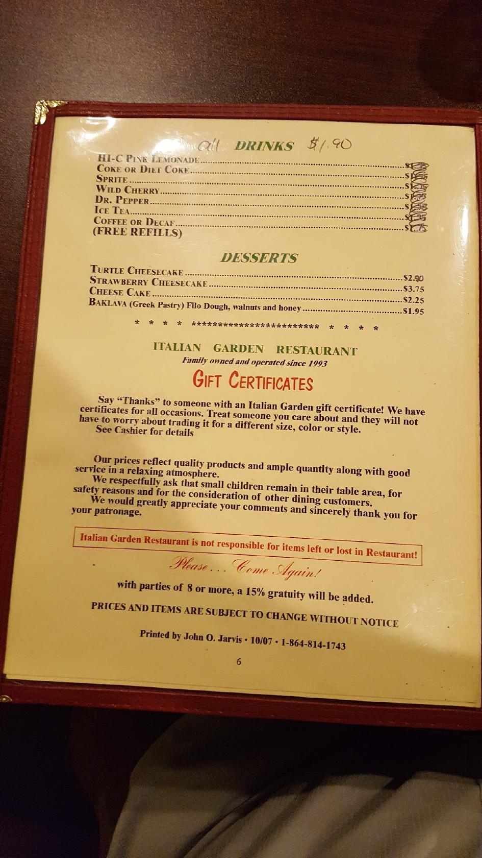 Menu at Italian Garden Restaurant, York