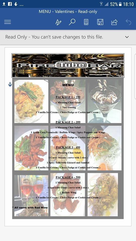Menu at Pipe Tube Bar, Caloocan
