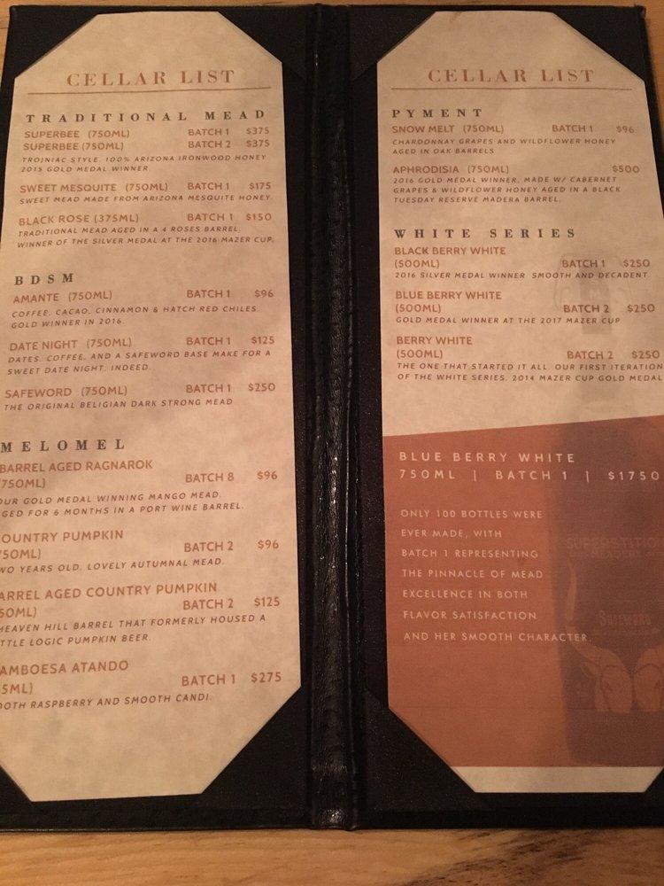 Menu at Superstition Meadery pub & bar, Prescott
