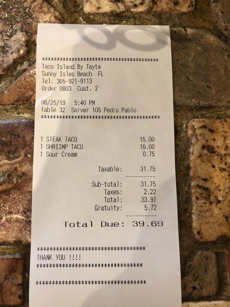 Menu at TACO ISLAND restaurant, Sunny Isles Beach