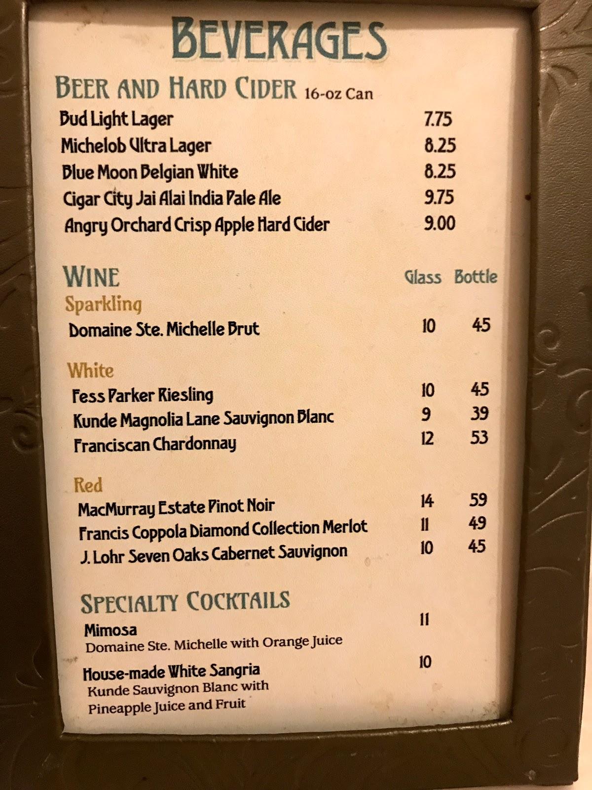 Menu at The Crystal Palace restaurant, Bay Lake, West Monorail Way