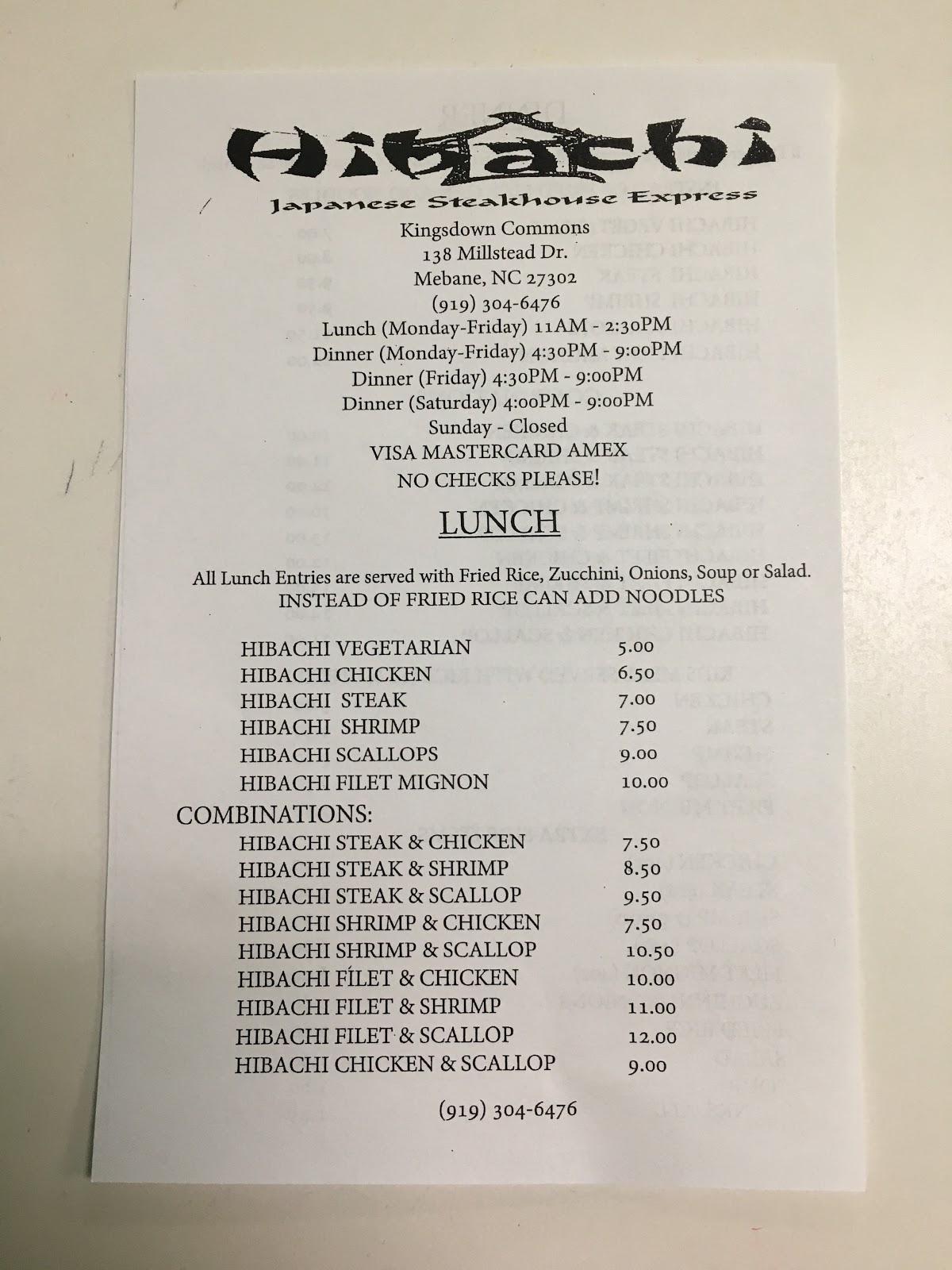 Menu at Hibachi restaurant, Mebane, 138 Millstead Dr