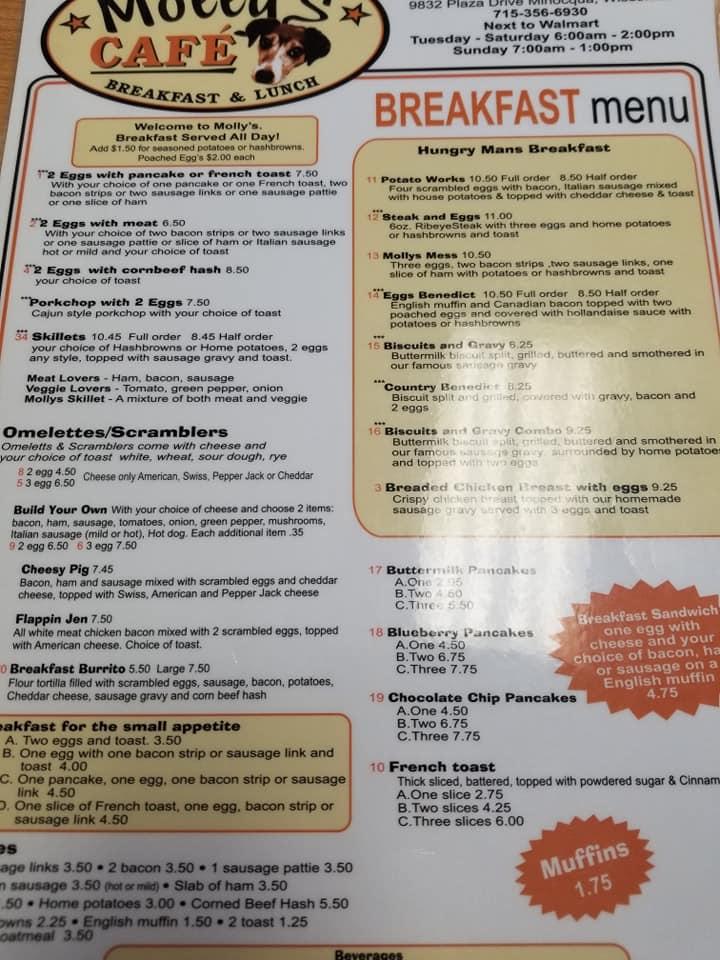 Menu at Molly's Cafe, Minocqua