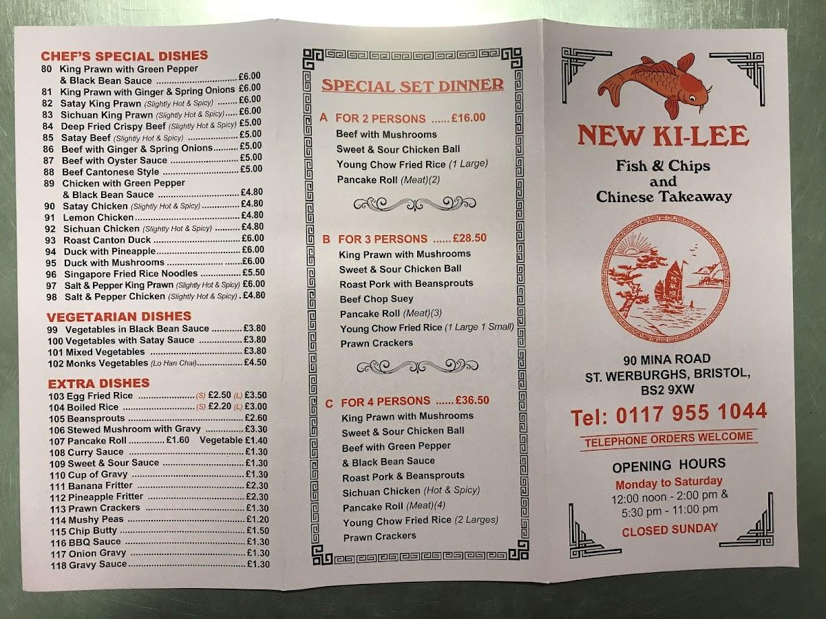 Menu at New Ki-Lee Fish Bar, Bristol