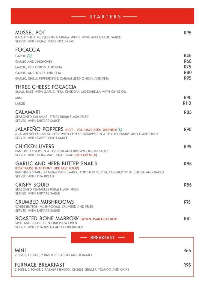 Menu at The Furnace restaurant, East London, Crossways Village Schafli ...