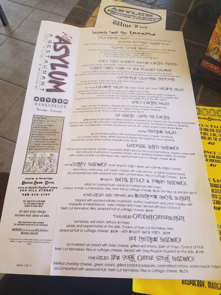 Menu at Asylum Restaurant, Jerome