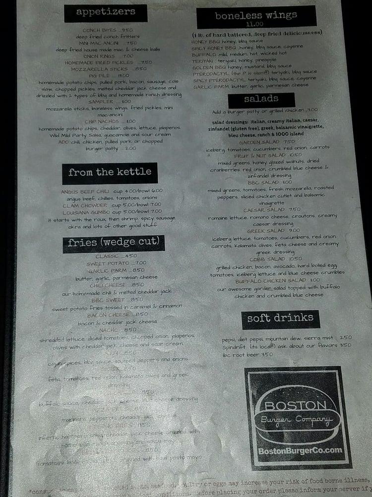 Menu at Boston Burger Company restaurant, Cambridge, Massachusetts Ave