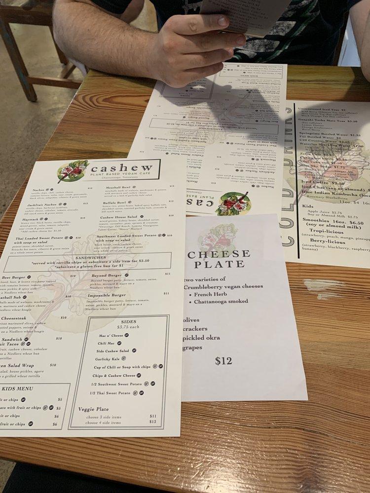 Menu at Cashew restaurant, Chattanooga, 149 River St