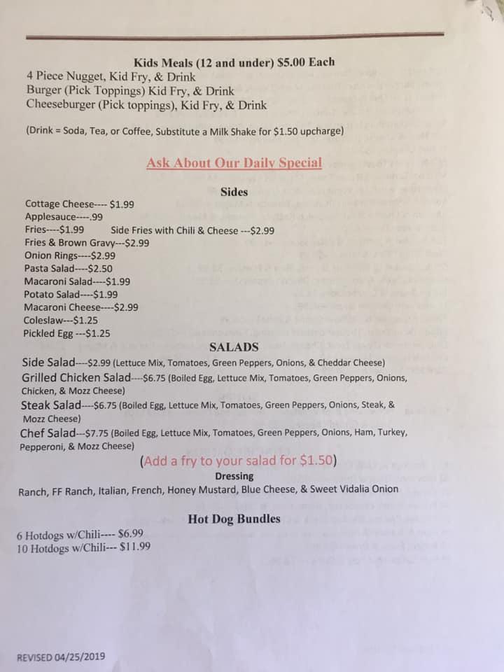 Menu at Downtown Diner restaurant, Elkins, 429 N Randolph Ave