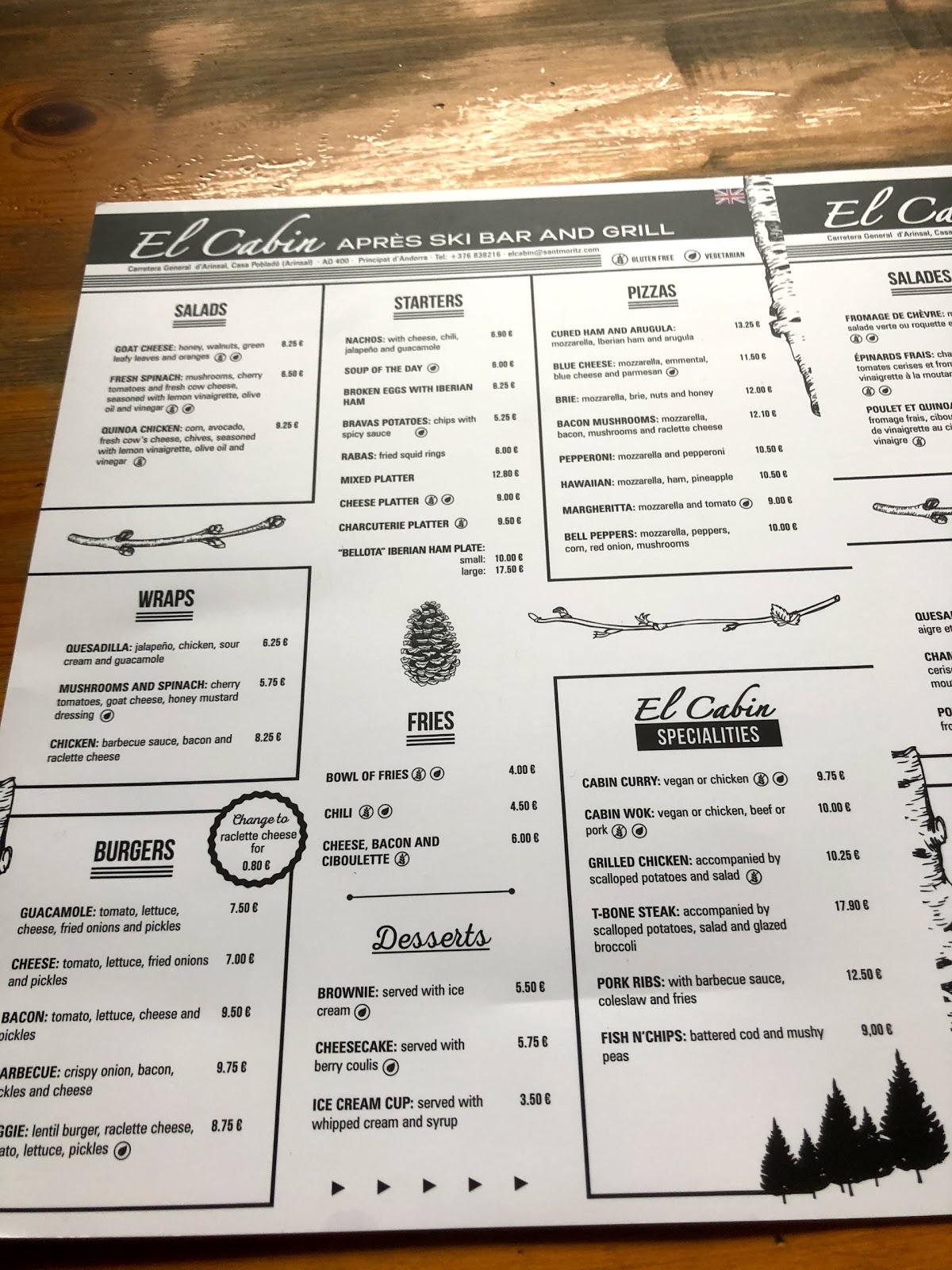 Menu au Le Cabin Bar Restaurant Arinsal, Arinsal