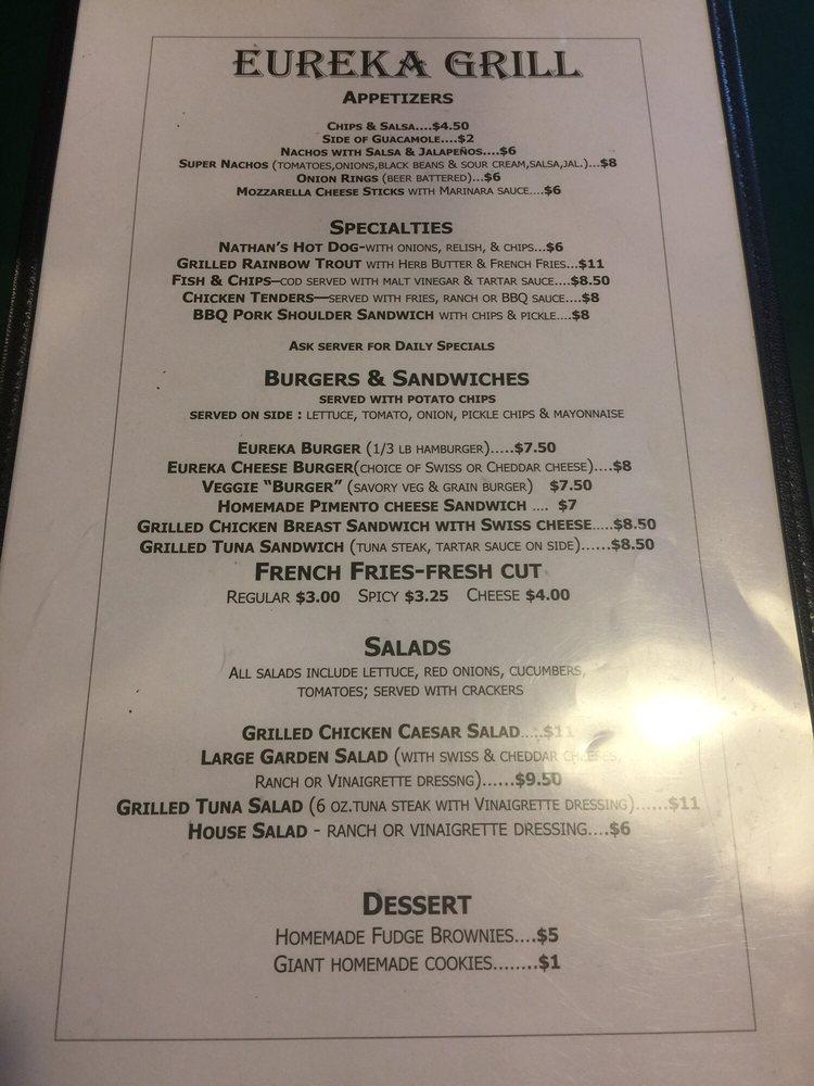 Menu at Eureka Grill restaurant, Eureka Springs, 71 Spring St