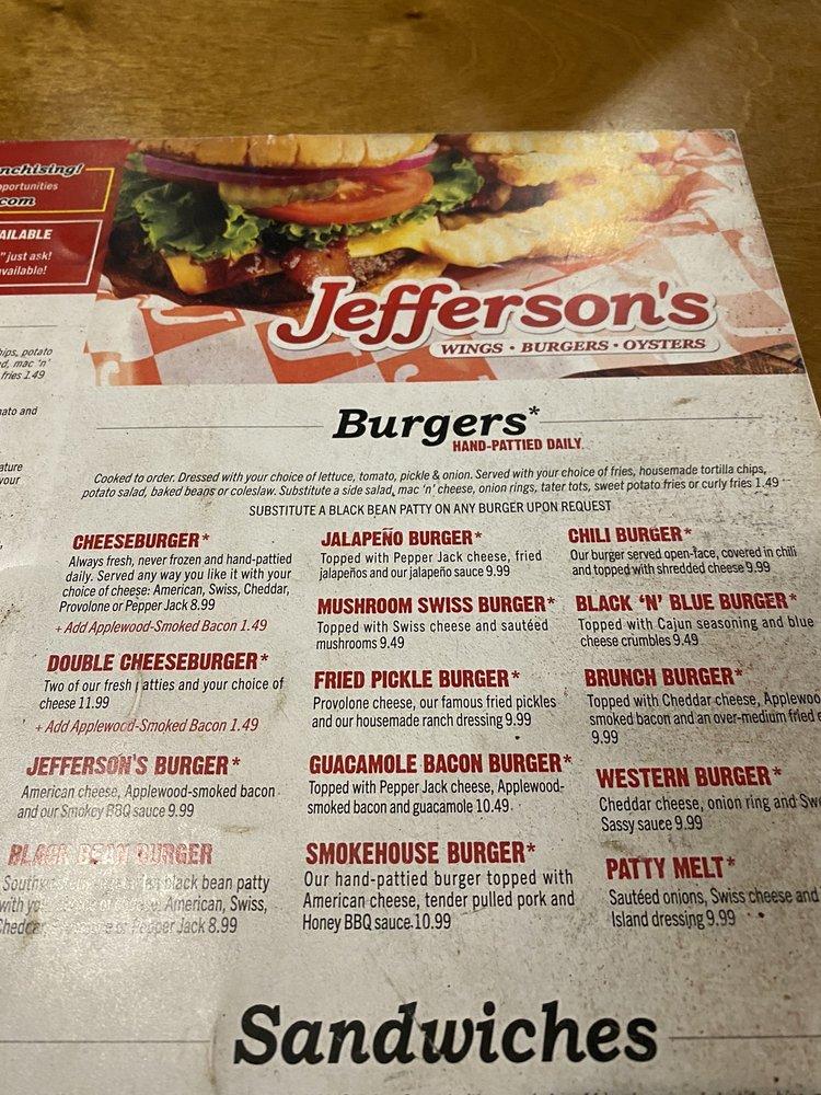 Menu at Jefferson's restaurant, Rainbow City