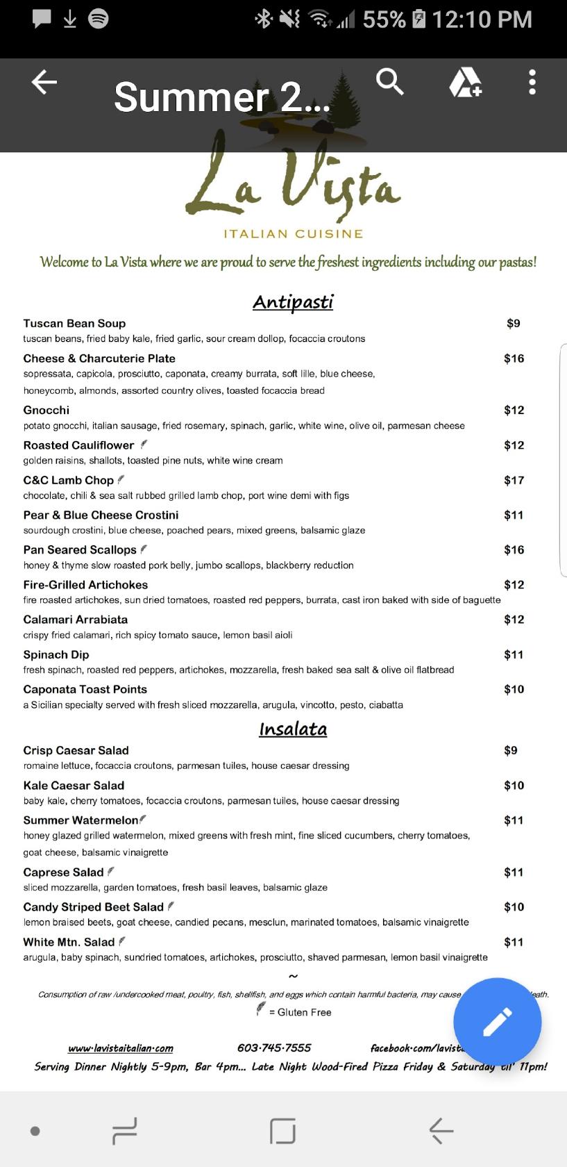 Menu at La Vista Italian Restaurant, Lincoln