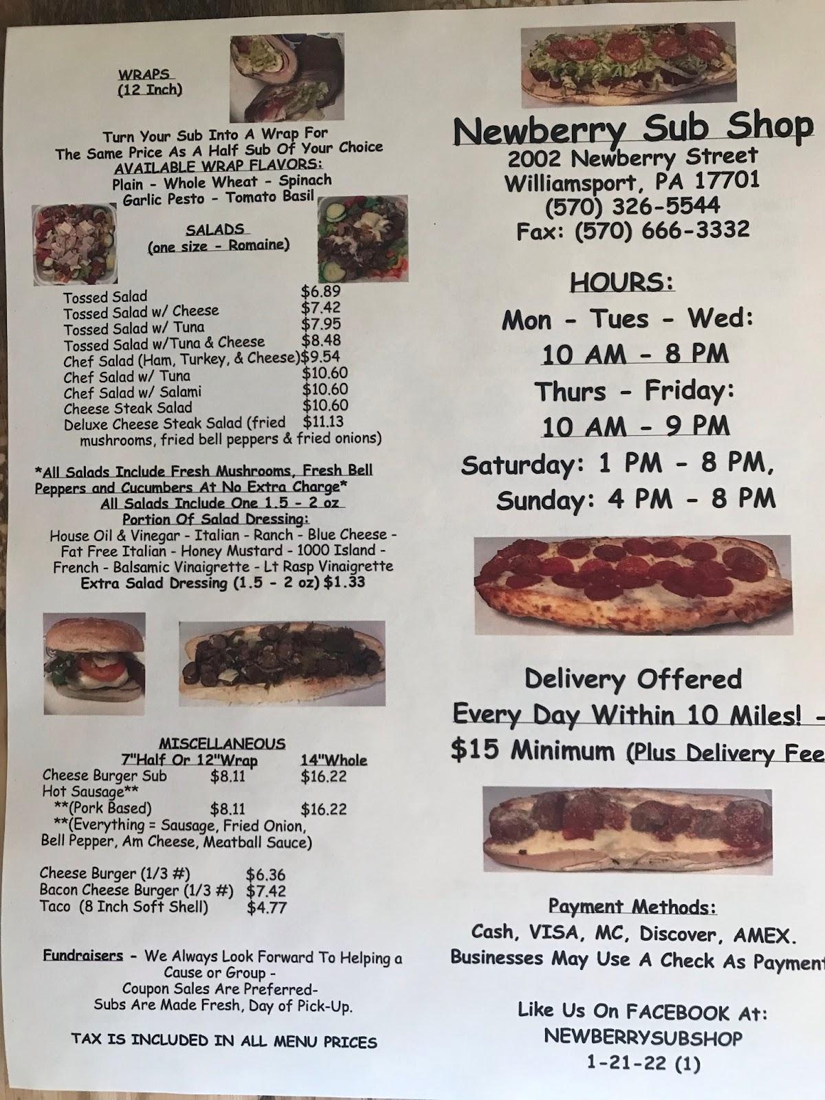 Menu at Newberry Sub Shop restaurant, Williamsport
