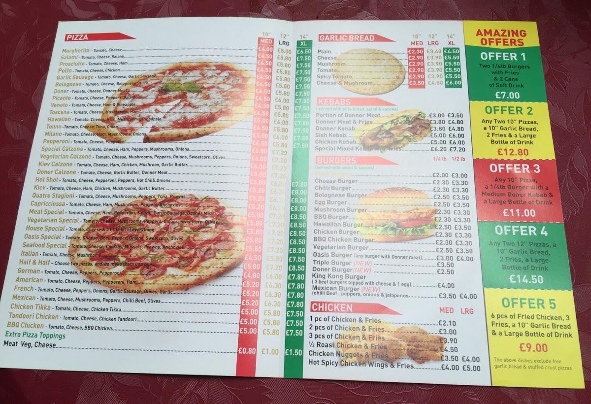 Menu at Oasis Takeaway pizzeria, Driffield