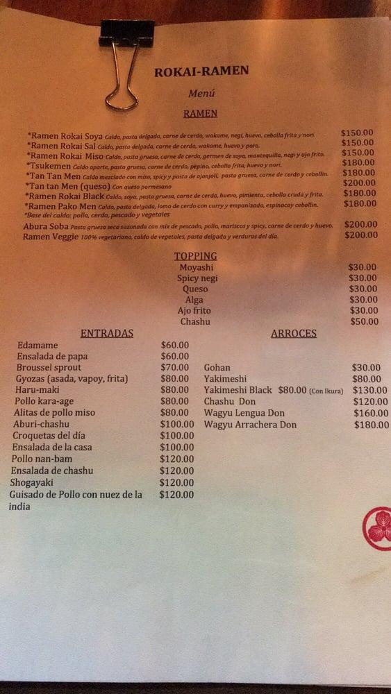 Menu at Rokai Ramen-Ya restaurant, Mexico City