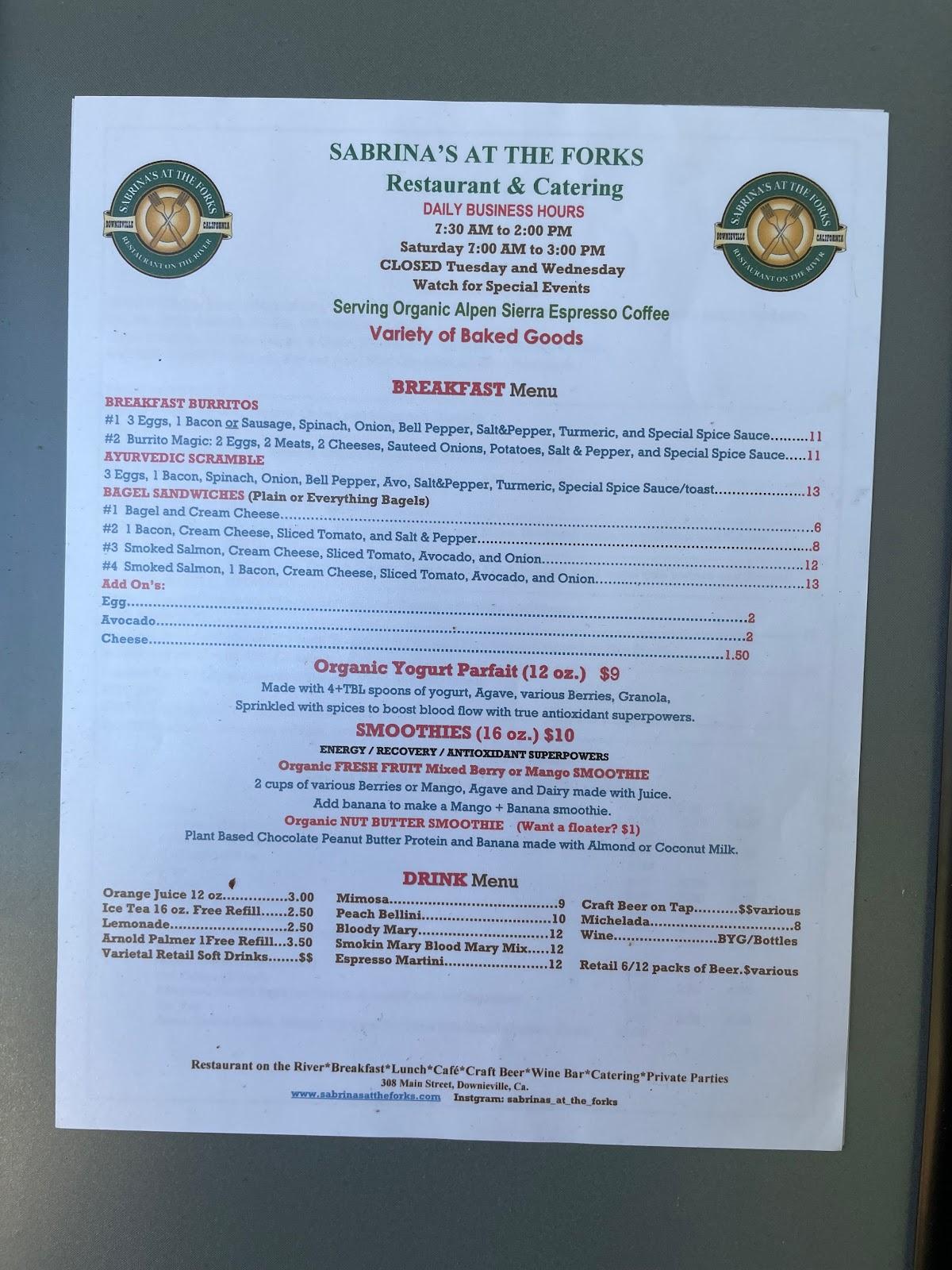 Menu at Sabrina's At The Forks: Restaurant & Libations - Casual, Deli ...