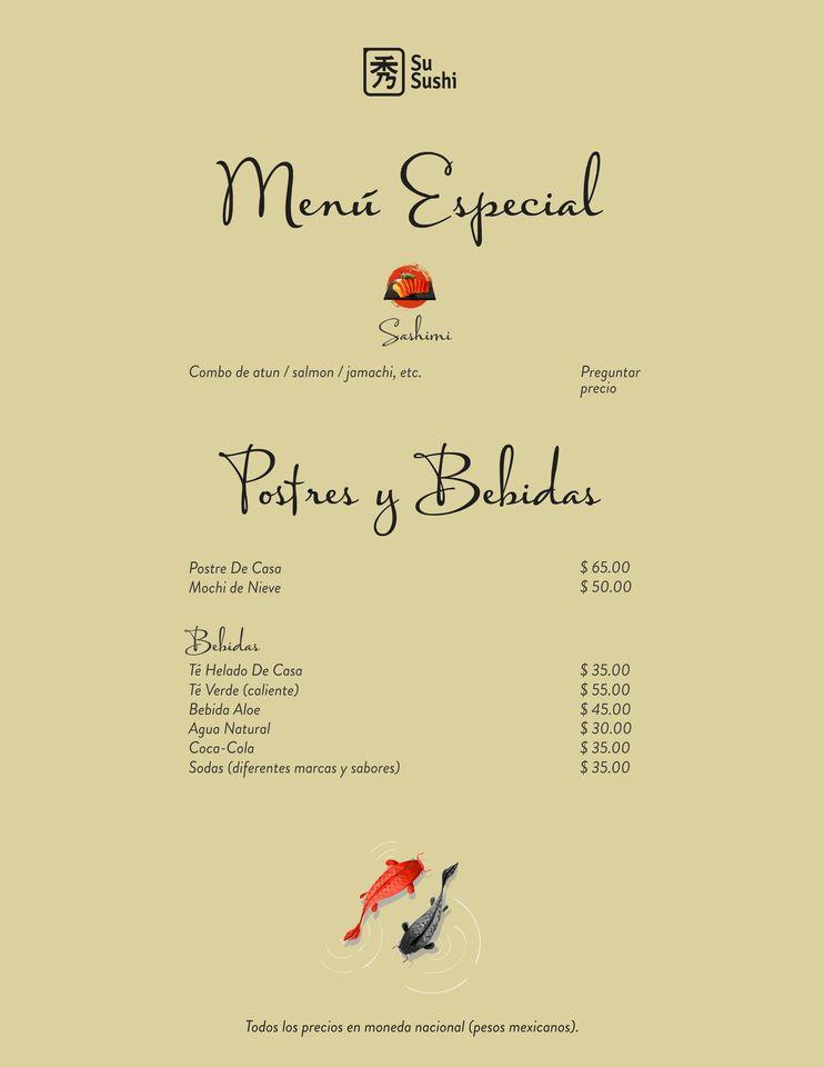 Menu at Su Sushi restaurant, Mexicali, Calzada Cuauhtémoc 1398-Int. 3 B