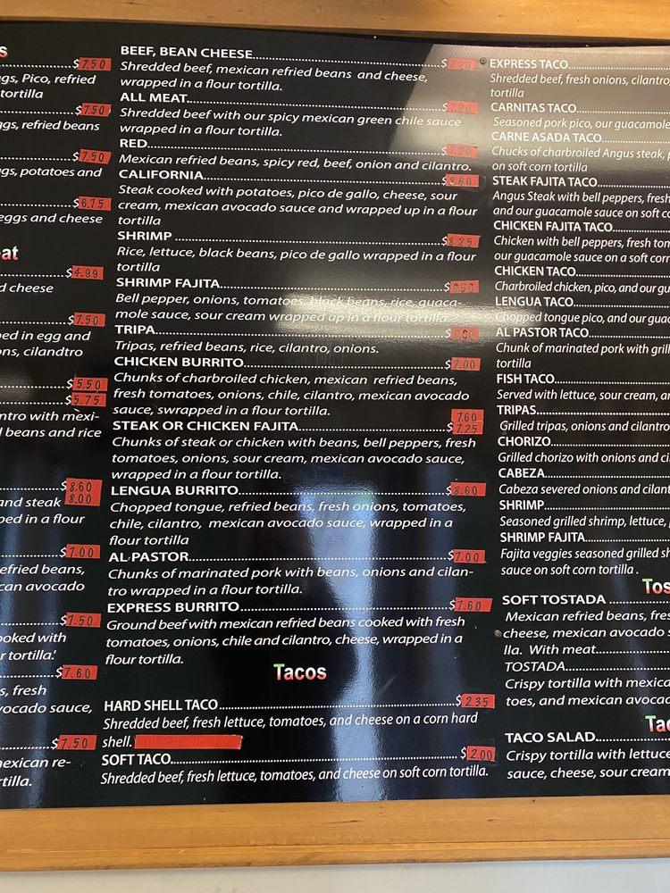 Menu at Super Taco Express restaurant, Vancouver