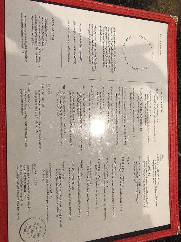 Menu at Talula's pub & bar, Asbury Park