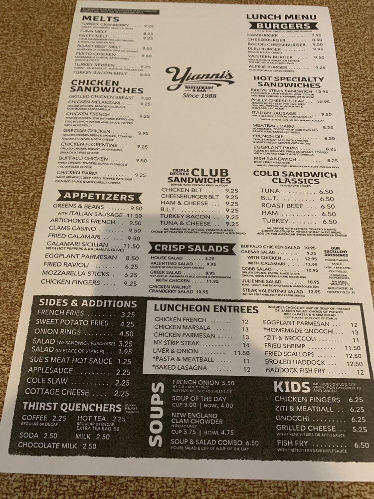 Menu at Yianni's pub & bar, Rochester