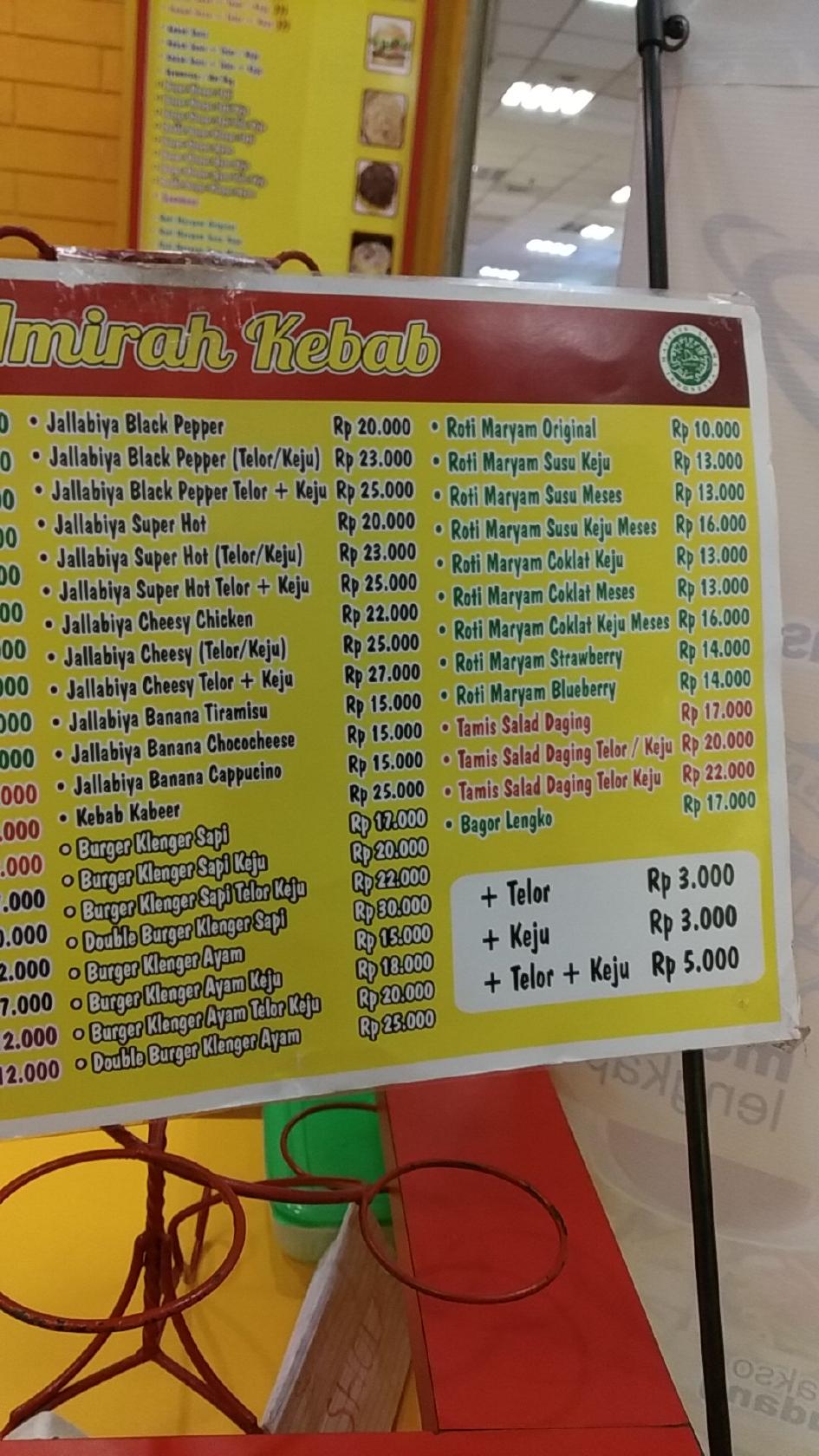 Menu at Amirah Kebab, Malang