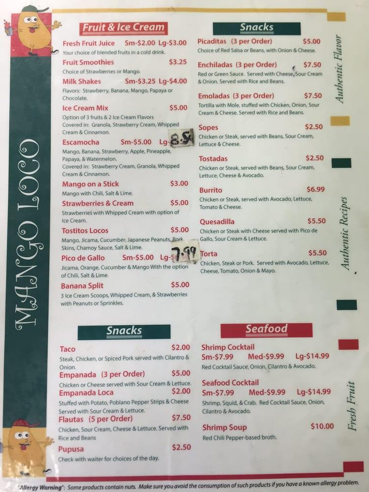 Carta del restaurante Mango Loco, Lafayette