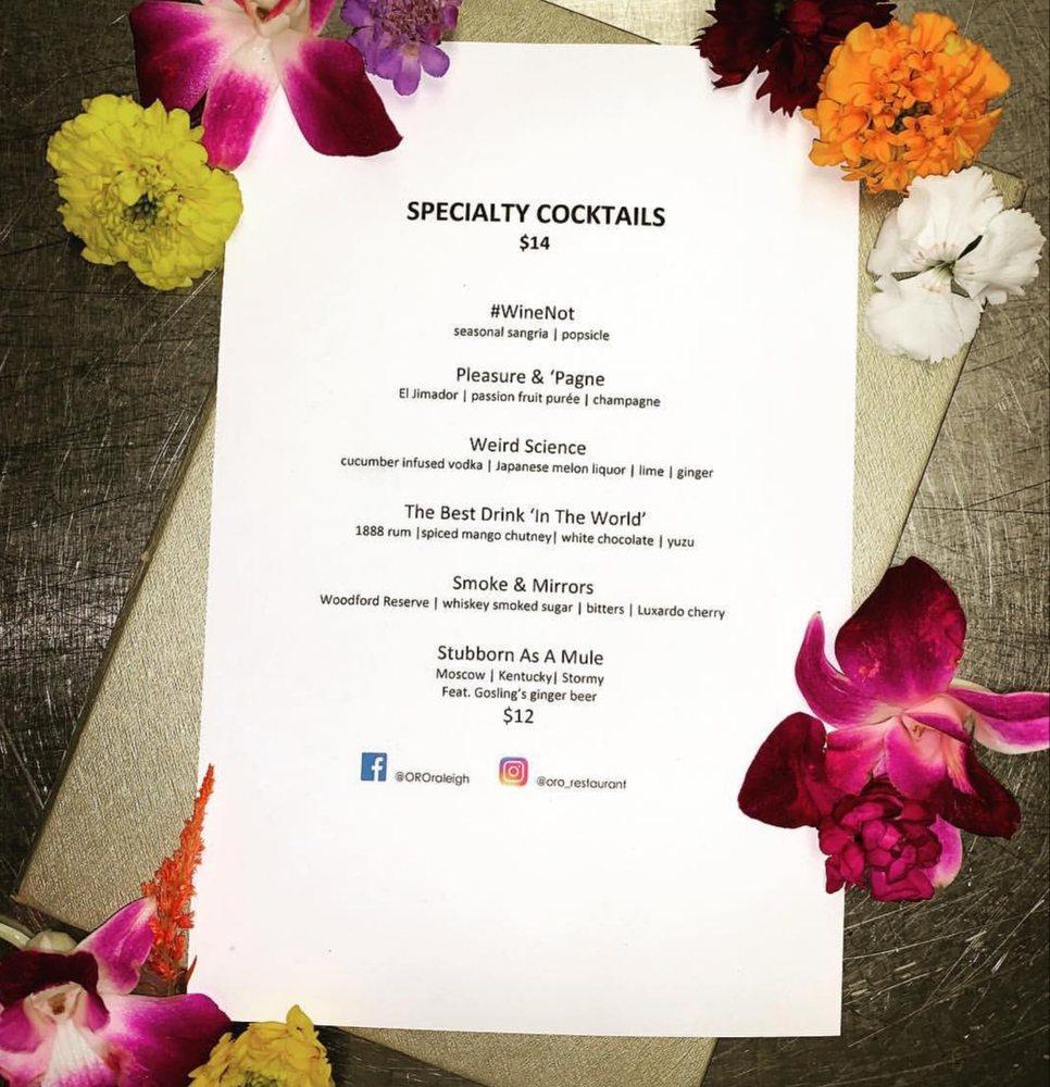 Menu at ORO restaurant, Raleigh