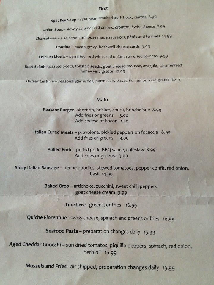 Menu at Peasant Cookery restaurant, Winnipeg